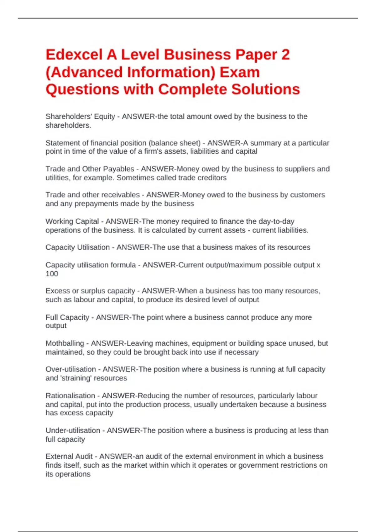 Edexcel A Level Business Paper 2 (Advanced Information) Exam Questions with Complete Solutions ...