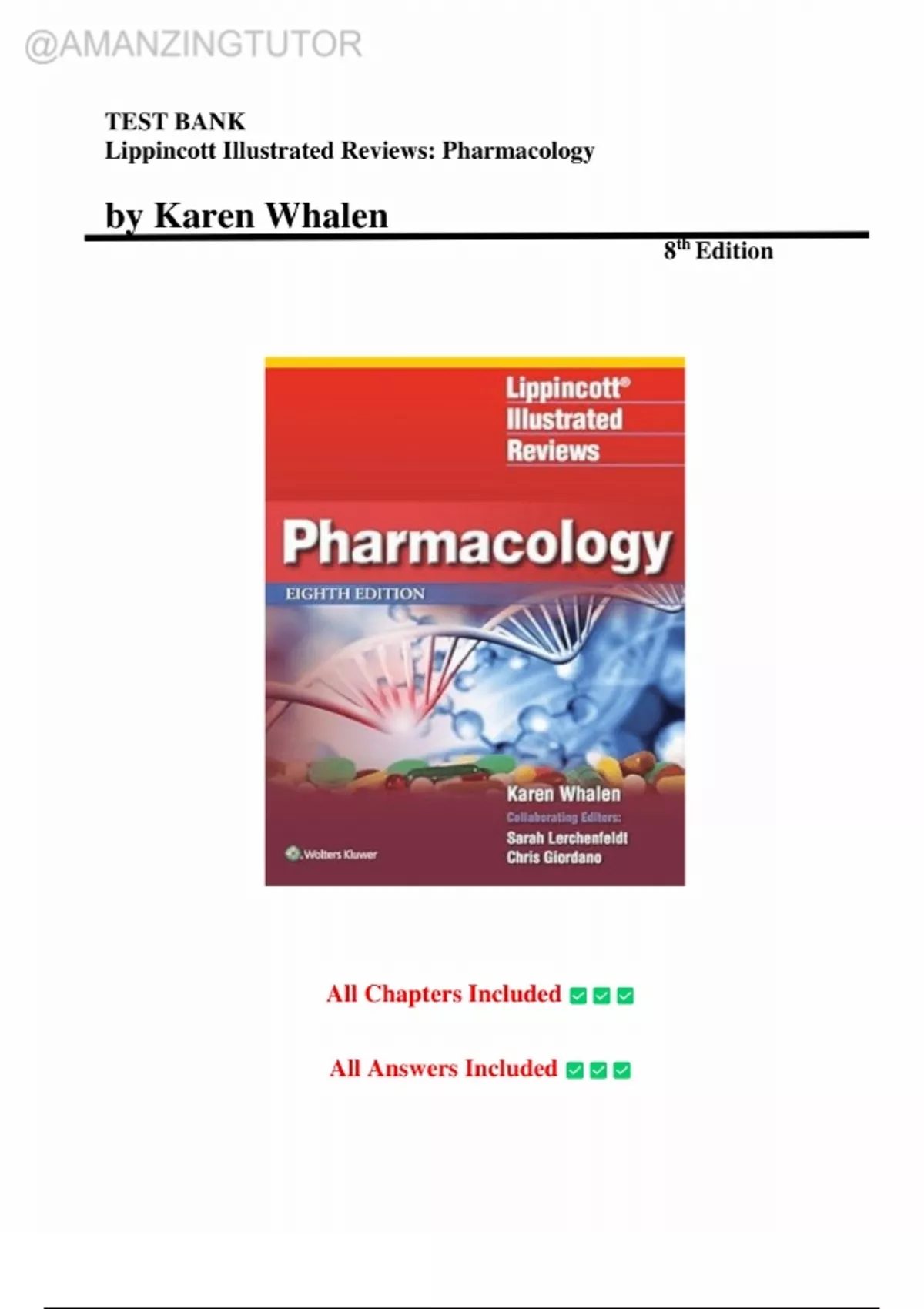 Test Bank for Lippincott Illustrated Reviews: Pharmacology 8th Edition ...