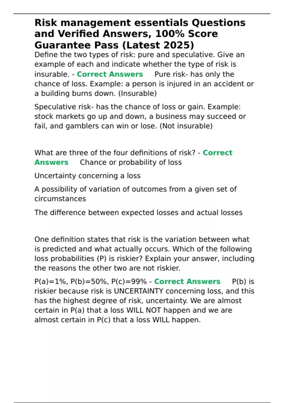 Risk management essentials Questions and Verified Answers, 100- Score ...