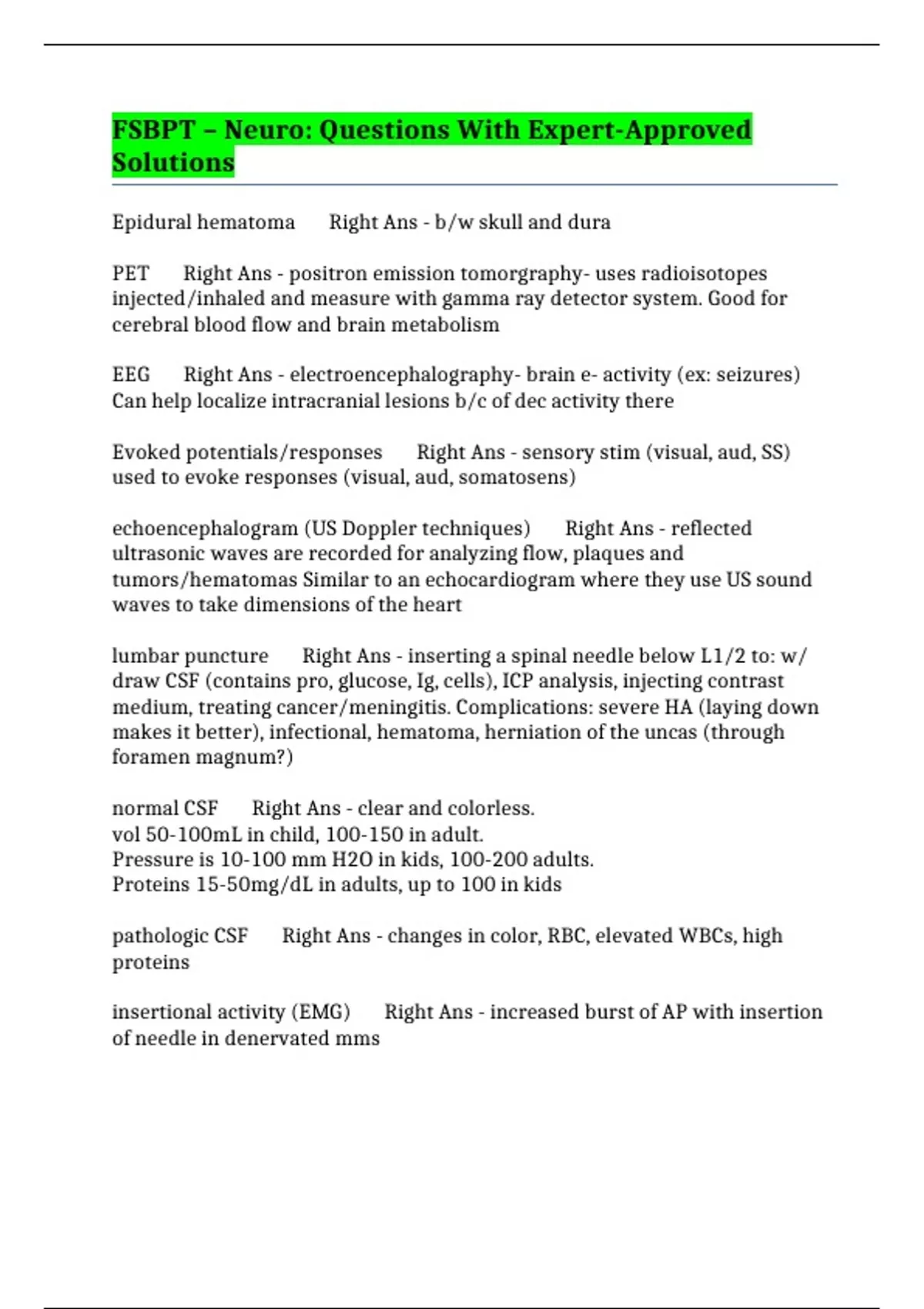 FSBPT – Neuro: Questions With Expert-Approved Solutions - FSBPT - Stuvia US