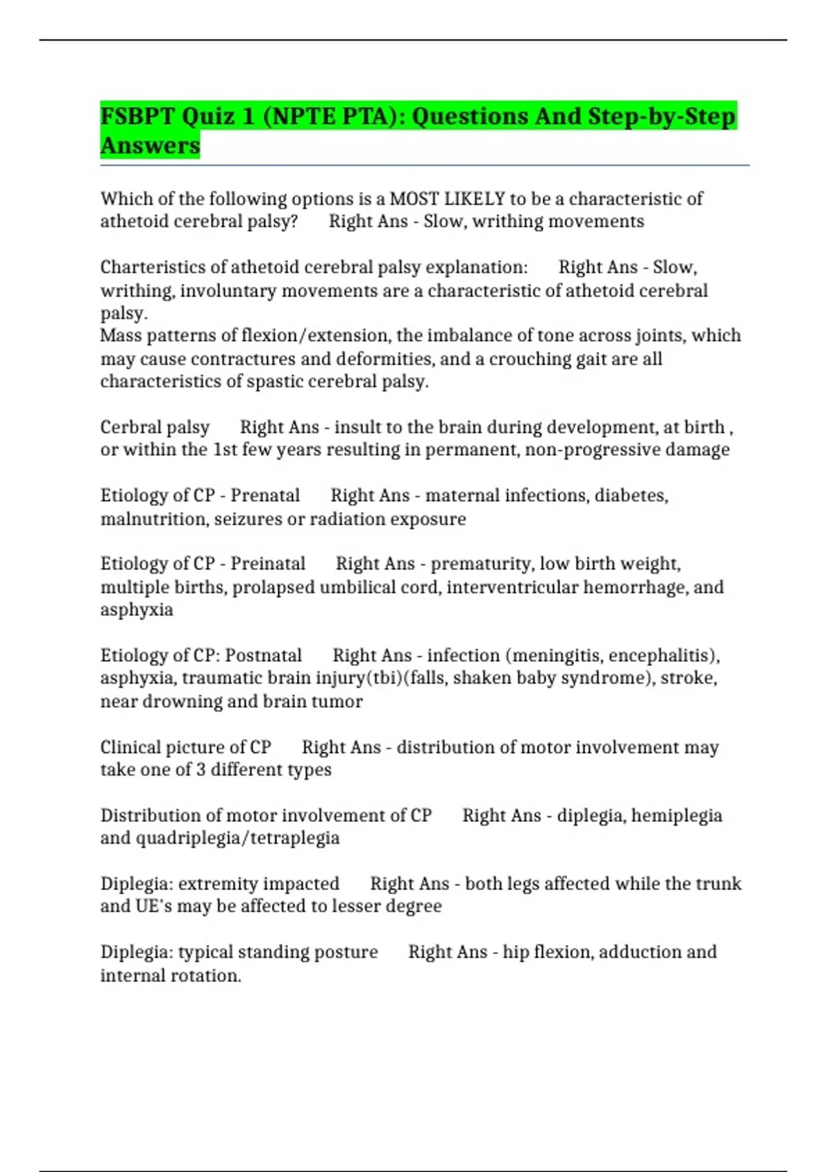 FSBPT Quiz 1 (NPTE PTA): Questions And Step-by-Step Answers - FSBPT ...