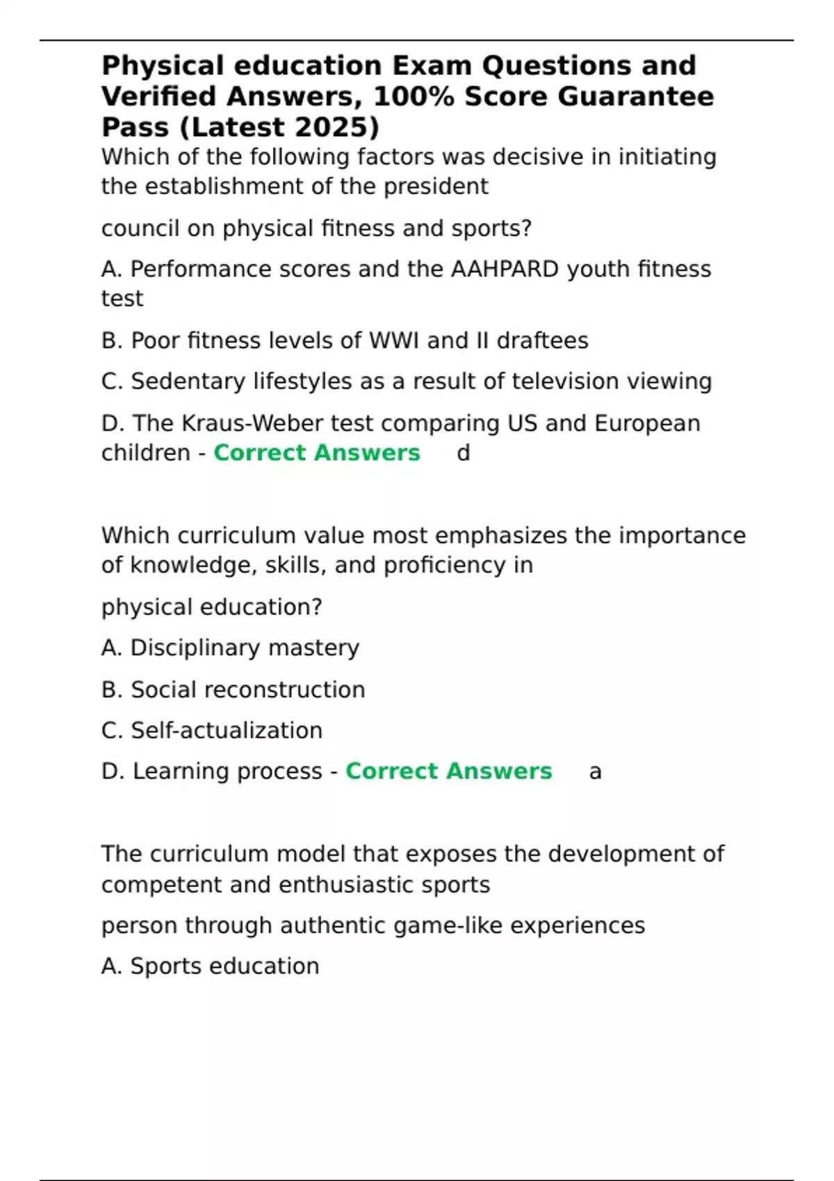 Physical education Exam Questions and Verified Answers, 100- Score ...