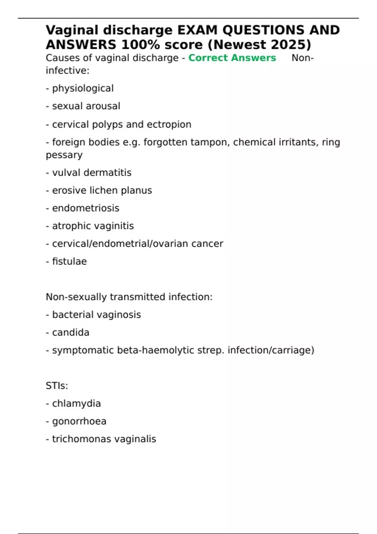 Vaginal discharge EXAM QUESTIONS AND ANSWERS 100- score (Newest 2025 ...