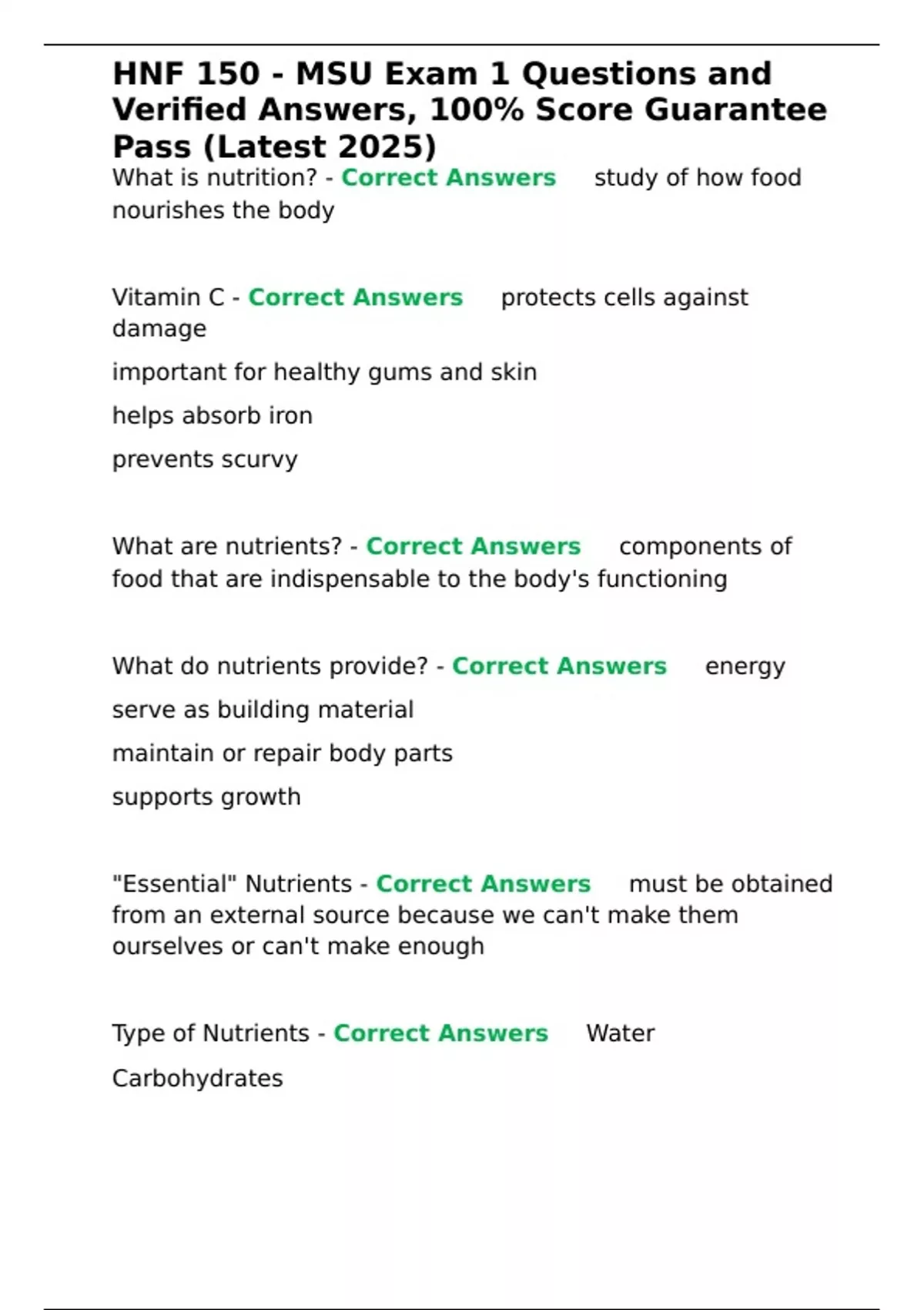 HNF 150 - MSU Exam 1 Questions and Verified Answers, 100- Score ...