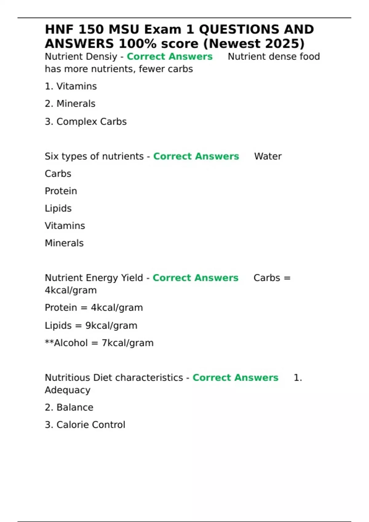 HNF 150 MSU Exam 1 QUESTIONS AND ANSWERS 100- score (Newest 2025) - HNF ...