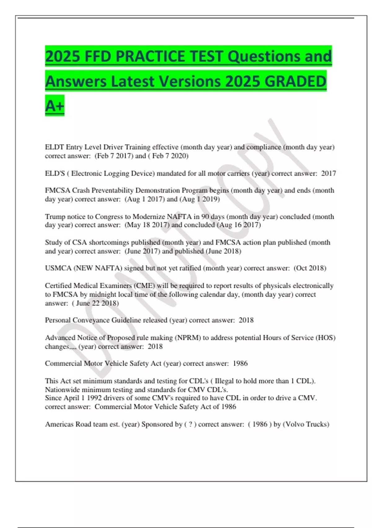 2025 FFD PRACTICE TEST Questions and Answers Latest Versions 2025 ...