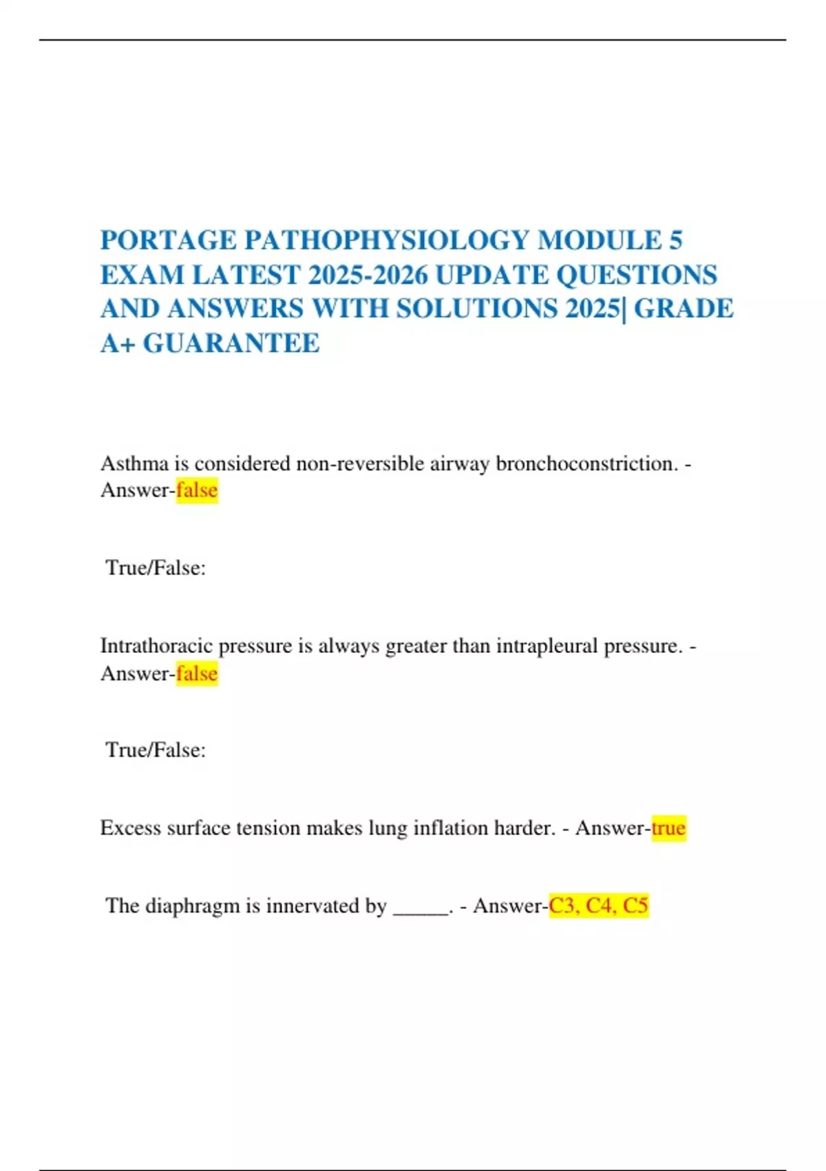 PORTAGE PATHOPHYSIOLOGY MODULE 5 EXAM LATEST UPDATE QUESTIONS AND ...