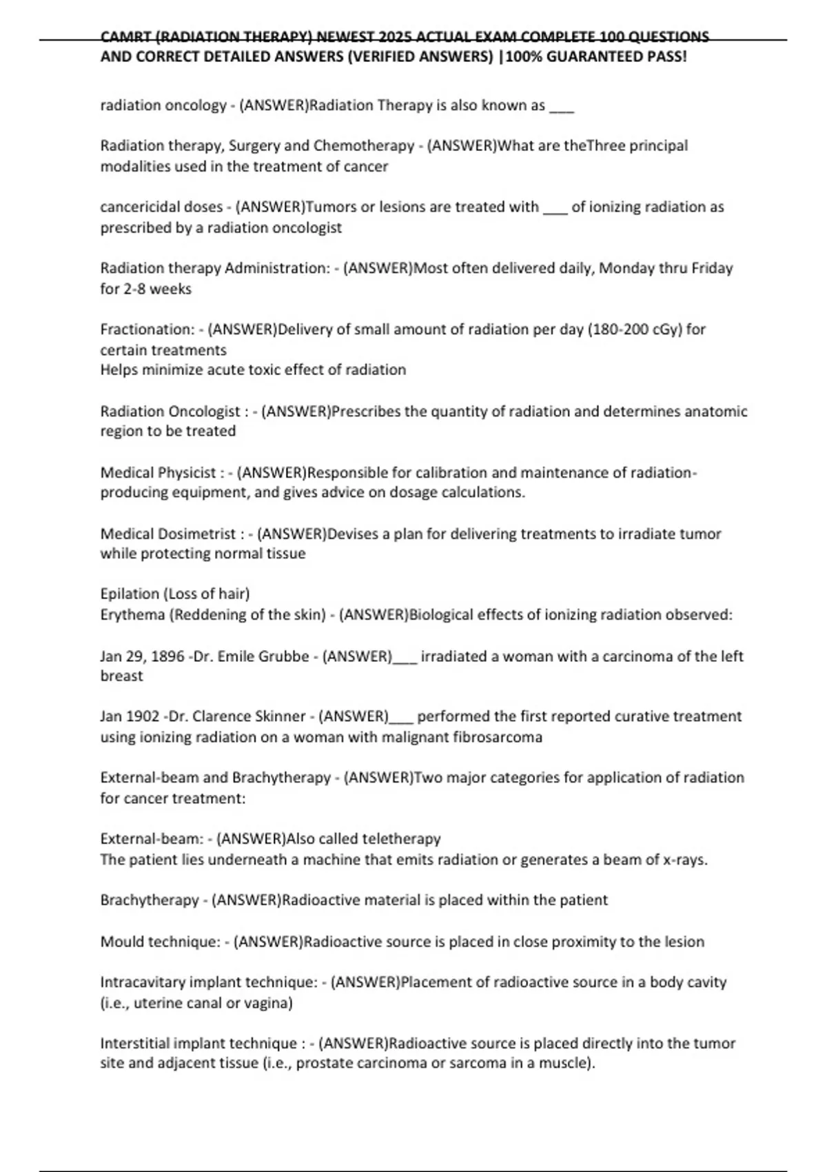 CAMRT (RADIATION THERAPY) NEWEST 2025 ACTUAL EXAM COMPLETE 100 ...