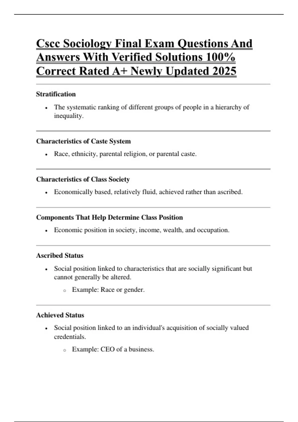 Cscc Sociology Final Exam Questions And Answers With Verified Solutions 100% Correct Rated A+ ...