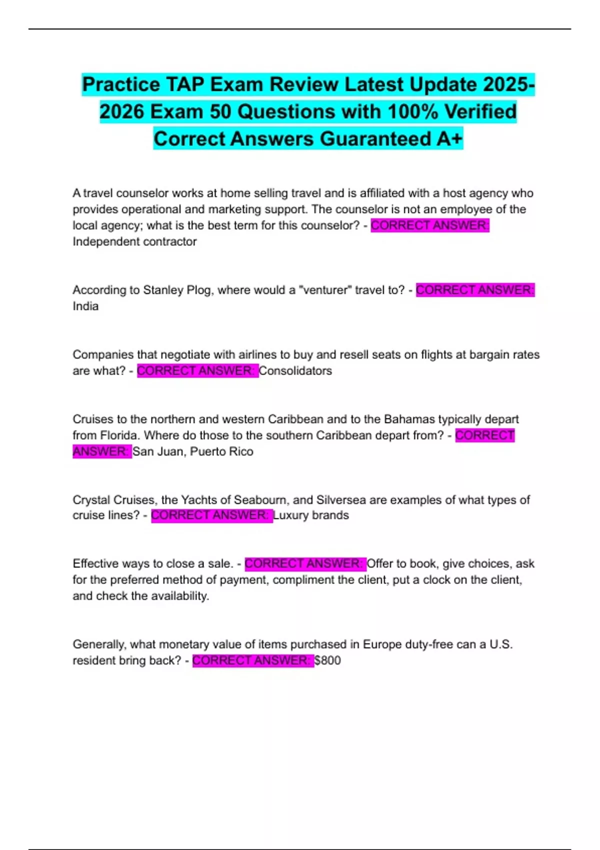 Practice TAP Exam Review Latest Update Exam 50 Questions with 100% ...