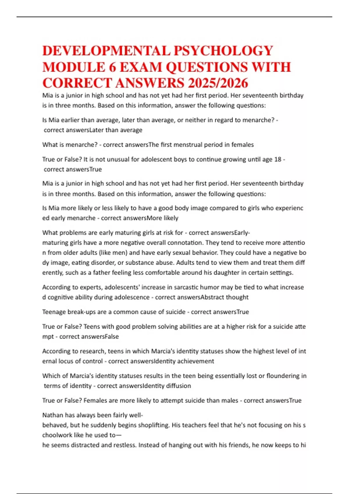 DEVELOPMENTAL PSYCHOLOGY MODULE 6 EXAM QUESTIONS WITH CORRECT ANSWERS ...