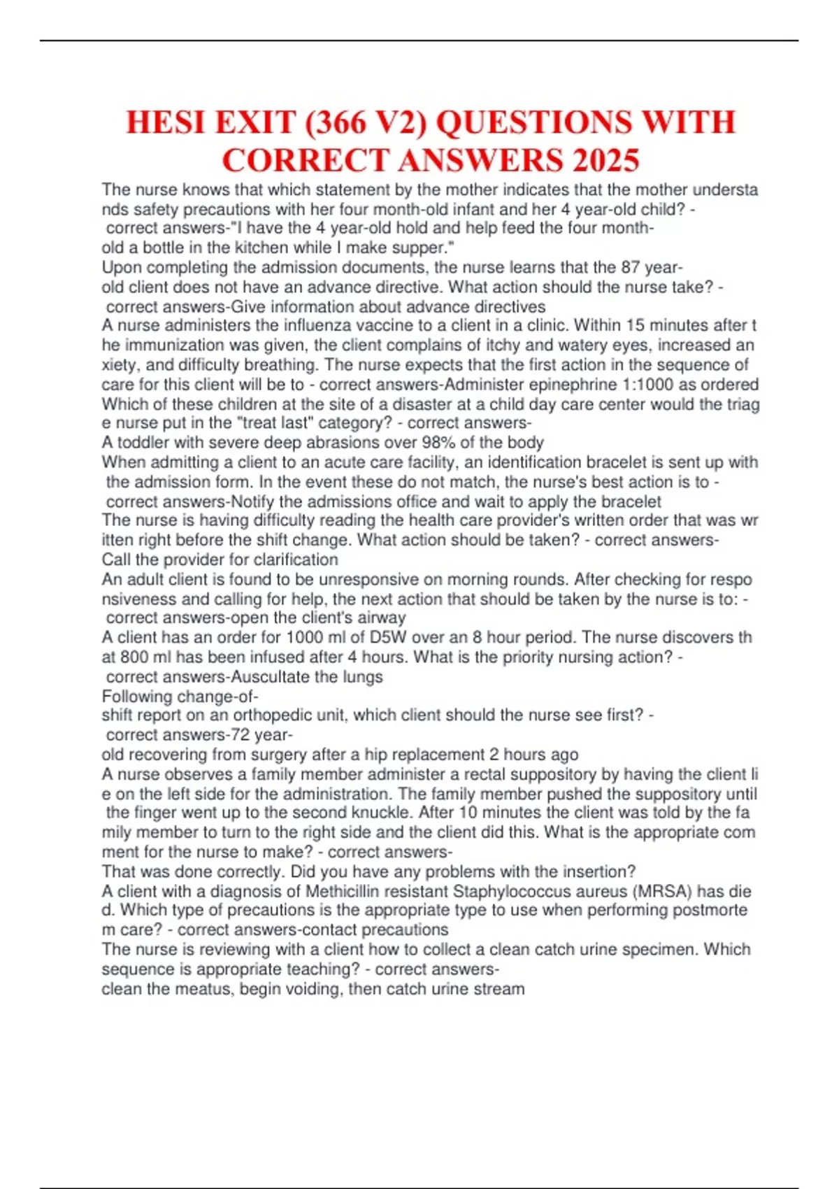 HESI EXIT (366 V2) QUESTIONS WITH CORRECT ANSWERS 2025 - BNS 366 ...