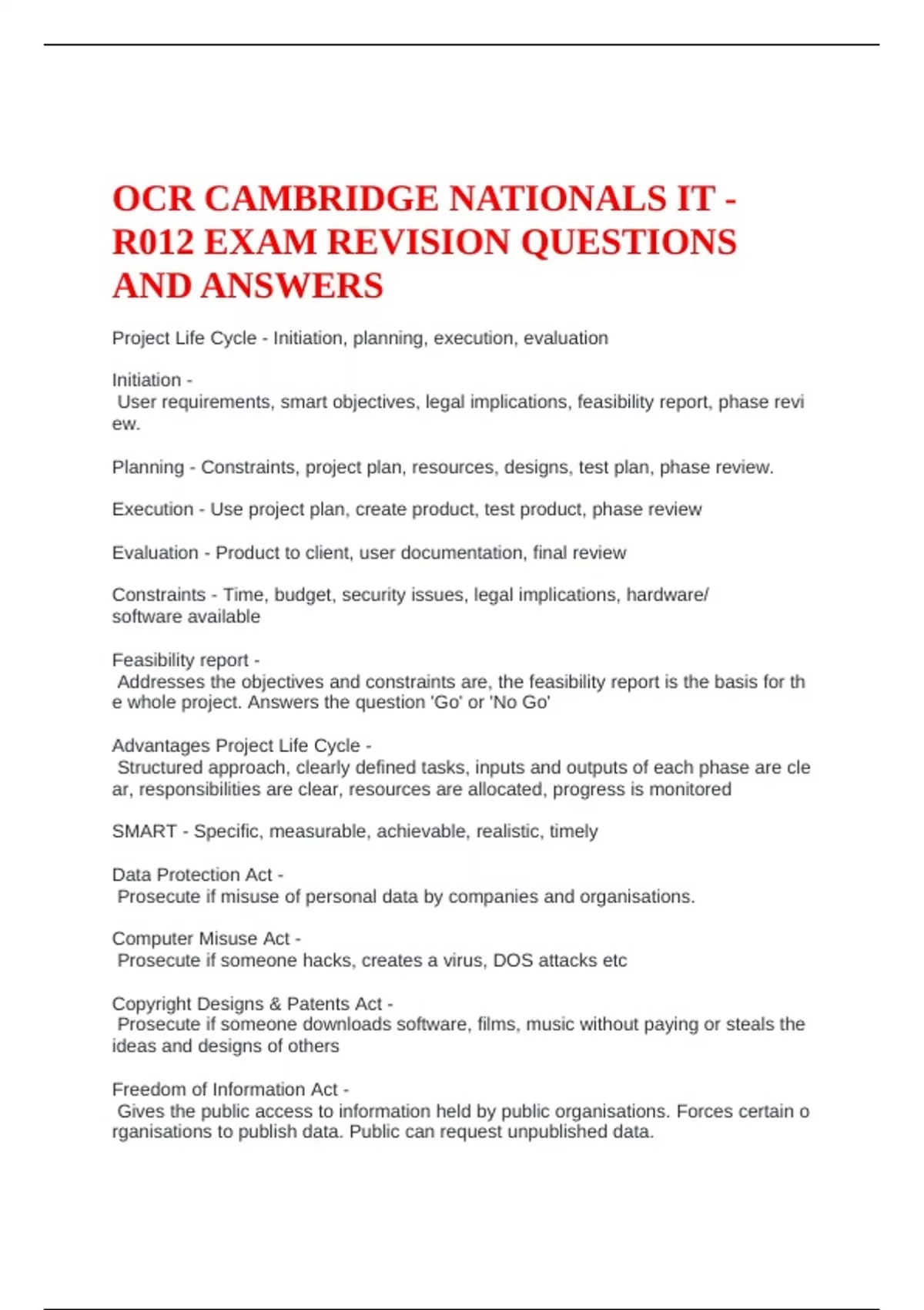 OCR CAMBRIDGE NATIONALS IT - R012 EXAM REVISION QUESTIONS AND ANSWERS ...