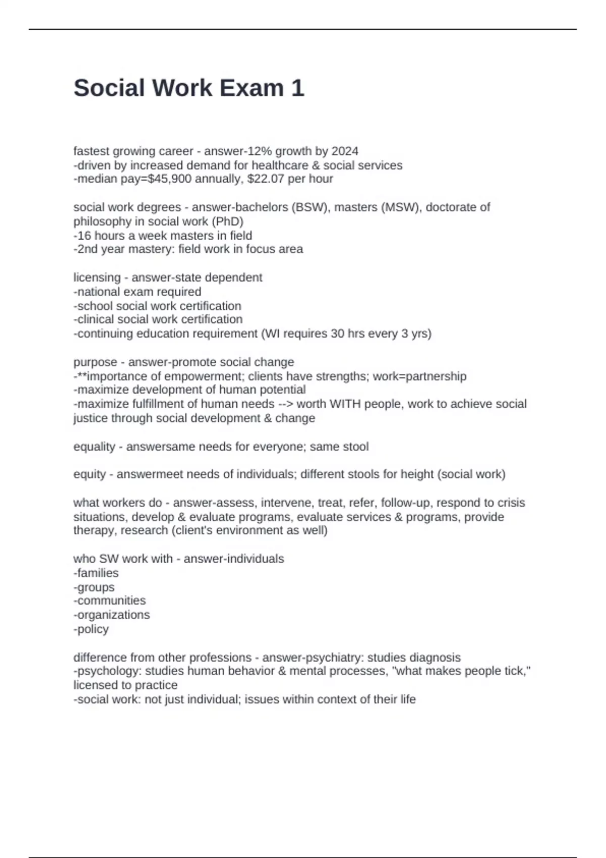 Social Work Exam 1 Questions and Answers Fully Solved - Msw - Stuvia US