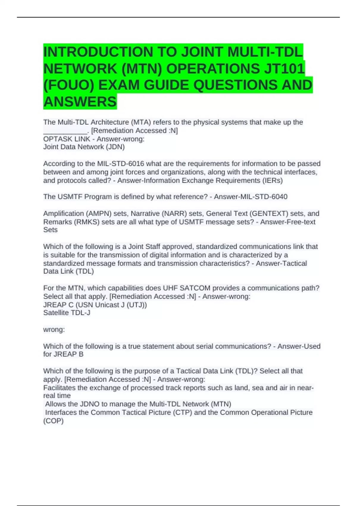 INTRODUCTION TO JOINT MULTI-TDL NETWORK (MTN) OPERATIONS JT101 (FOUO ...