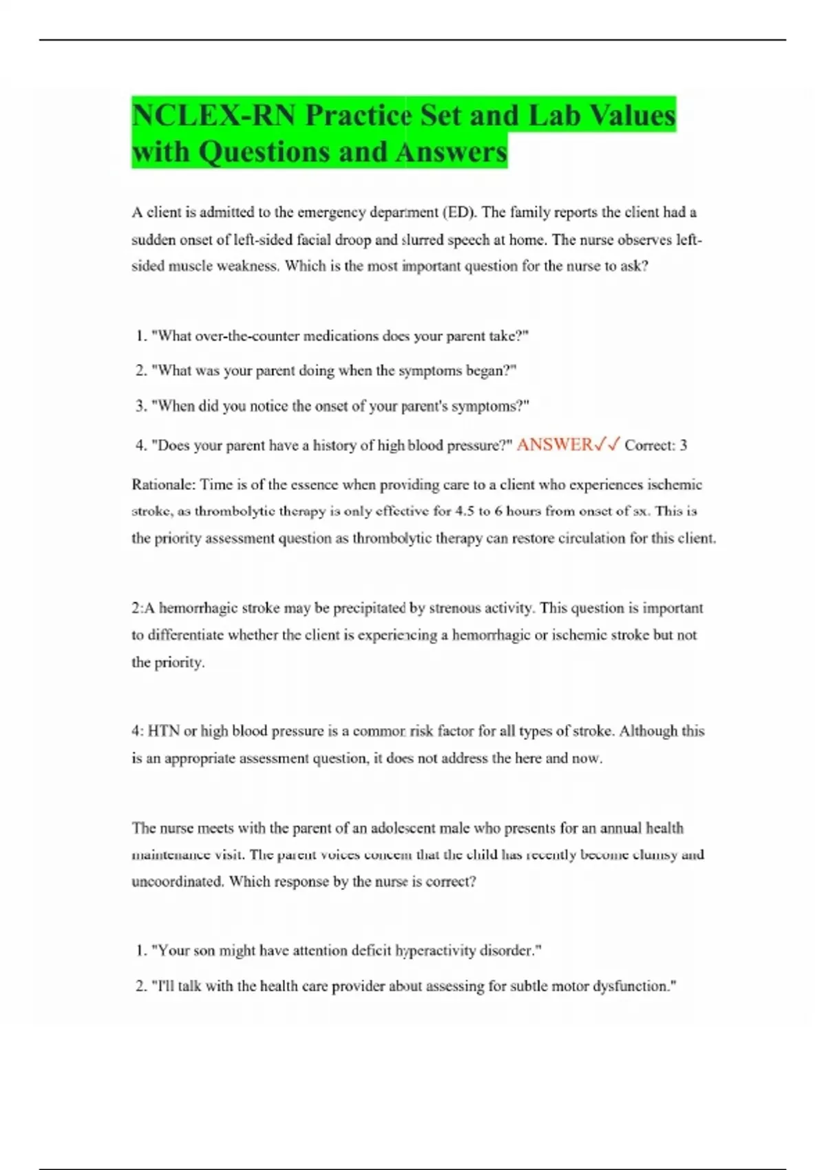 NCLEX-RN Practice Set and Lab Values with Questions and Answers ...