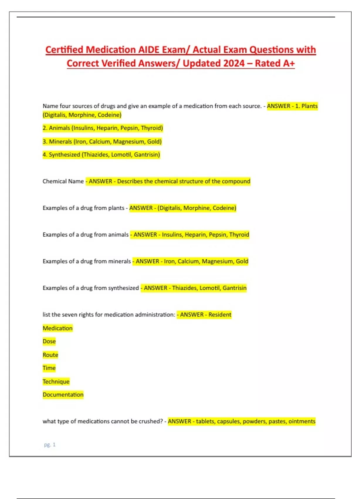 Certified Medication AIDE Exam/ Actual Exam Questions with Correct ...