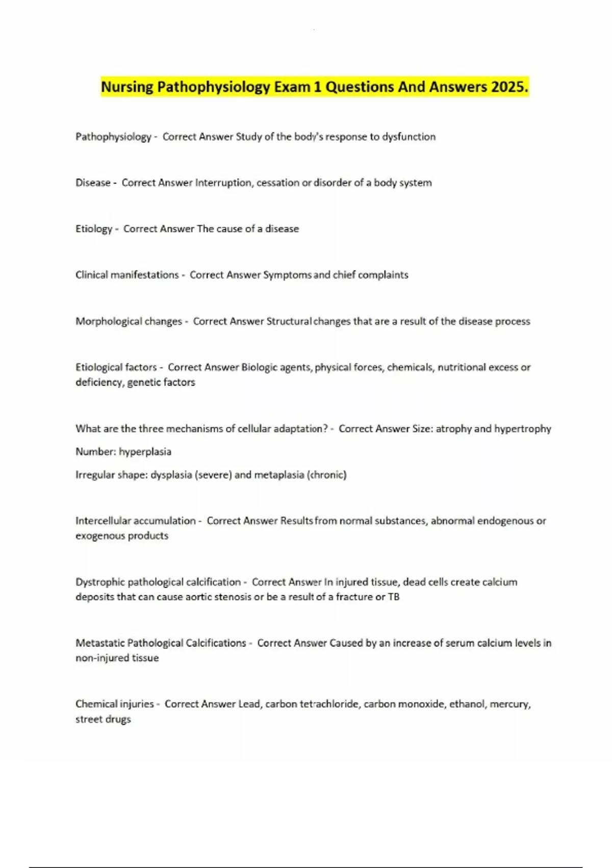 Nursing Pathophysiology Exam 1 Questions And Answers 2025. - RN ...