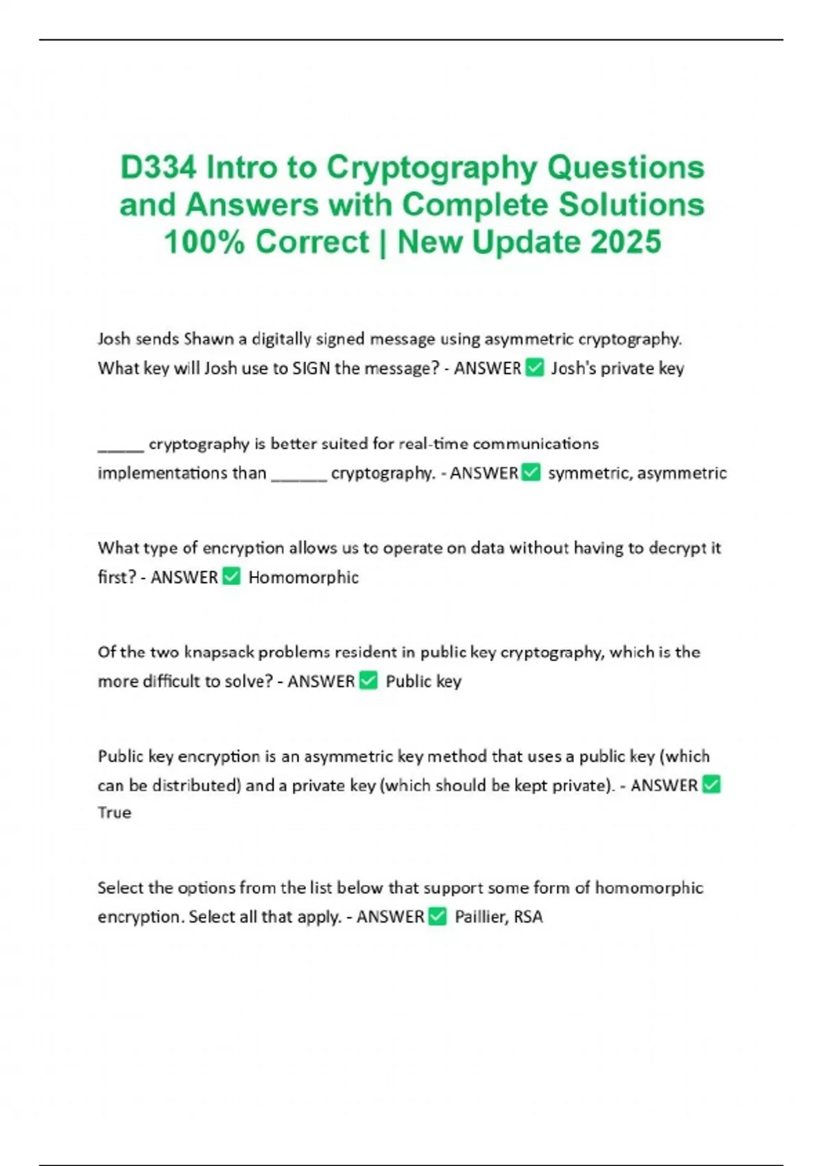 D334 Intro to Cryptography Questions and Answers with Complete Solutions 100% Correct | New ...