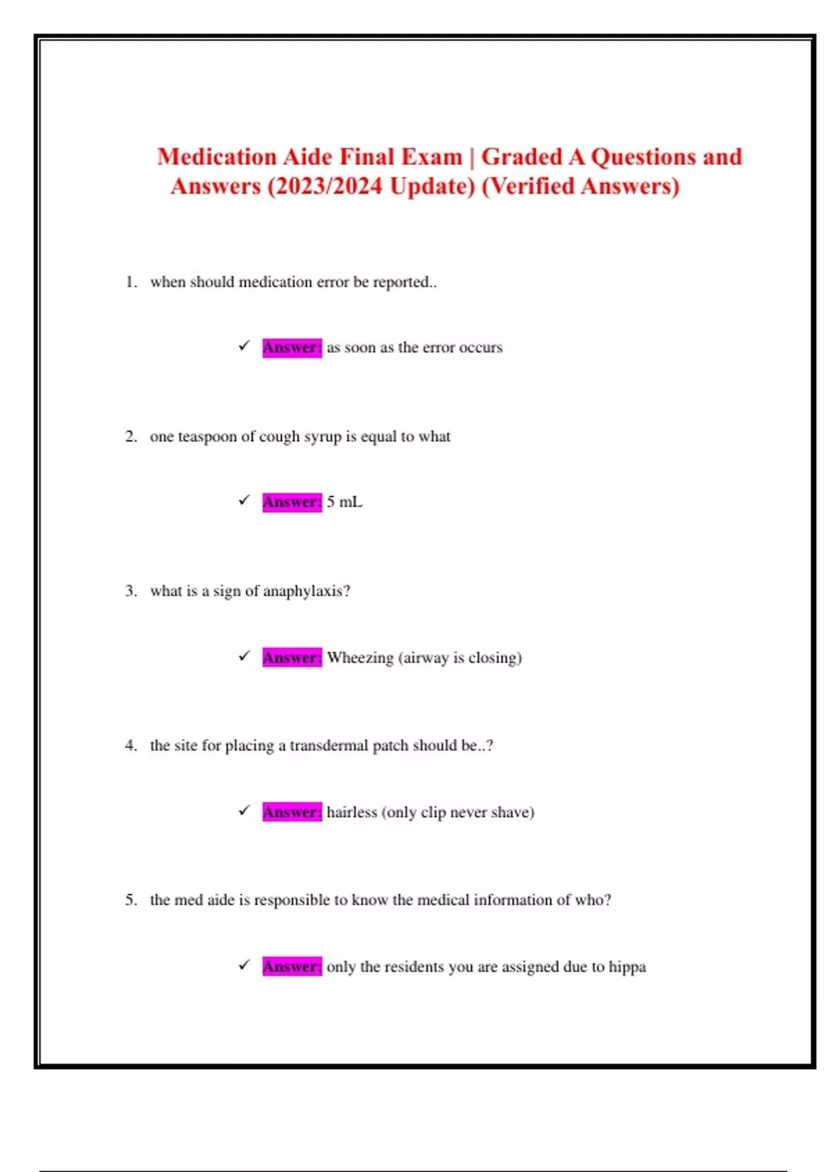 Medication Aide Final Exam | Graded A Questions and Answers (2023/2024 ...