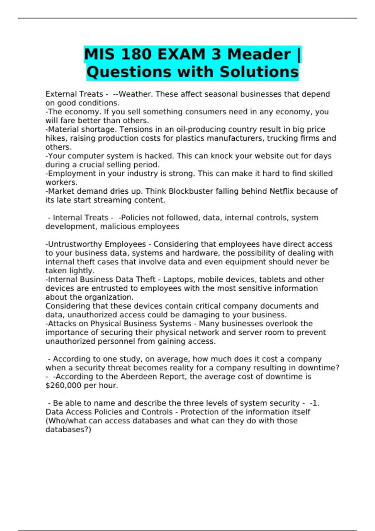 MIS 180 EXAM 3 Meader |Questions with Solutions - MIS 180 - Stuvia US