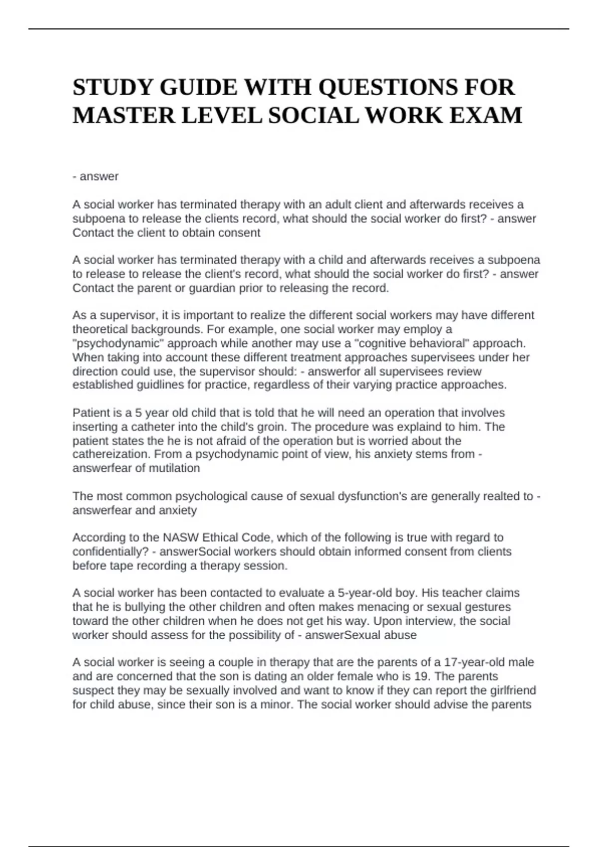 STUDY GUIDE WITH QUESTIONS FOR MASTER LEVEL SOCIAL WORK EXAM QUESTIONS ...