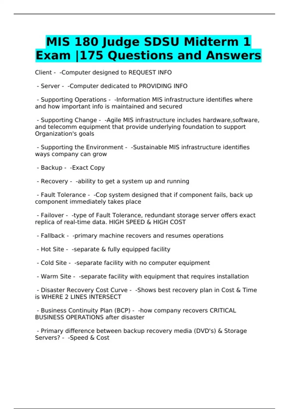 MIS 180 Judge SDSU Midterm 1 Exam |175 Questions and Answers - MIS 180 ...