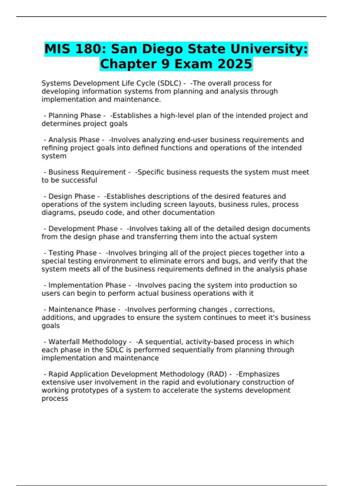 MIS 180: San Diego State University: Chapter 9 Exam 2025 - MIS 180: San ...