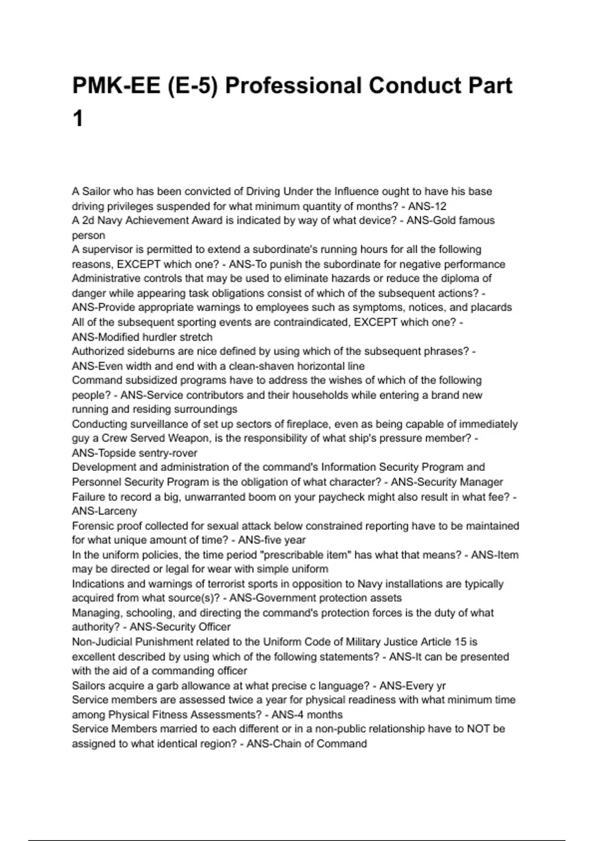 PMK-EE (E-5) Professional Conduct Part 1 QUESTIONS WITH DETAILED ...