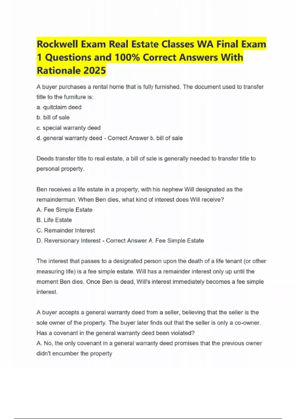 Rockwell Exam Real Estate Classes WA Final Exam 1 Questions and 100% ...