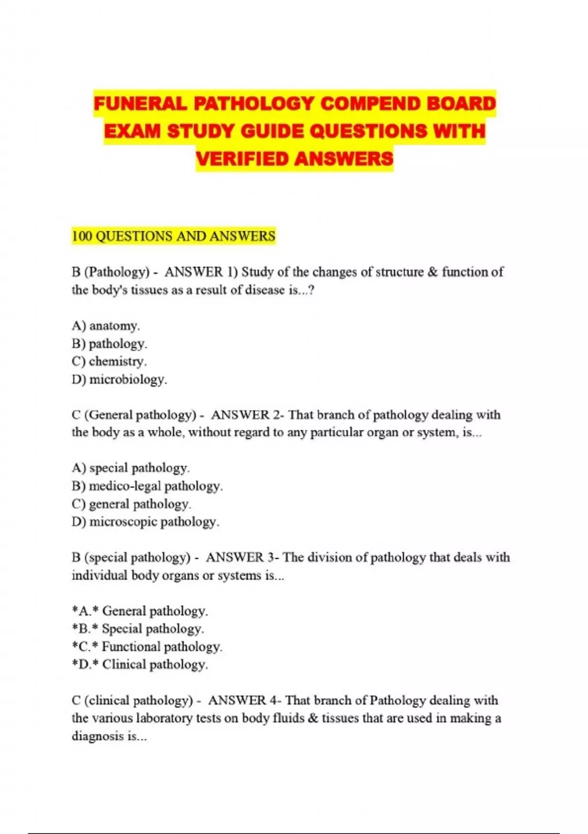 FUNERAL PATHOLOGY COMPEND BOARD EXAM STUDY GUIDE QUESTIONS WITH ...