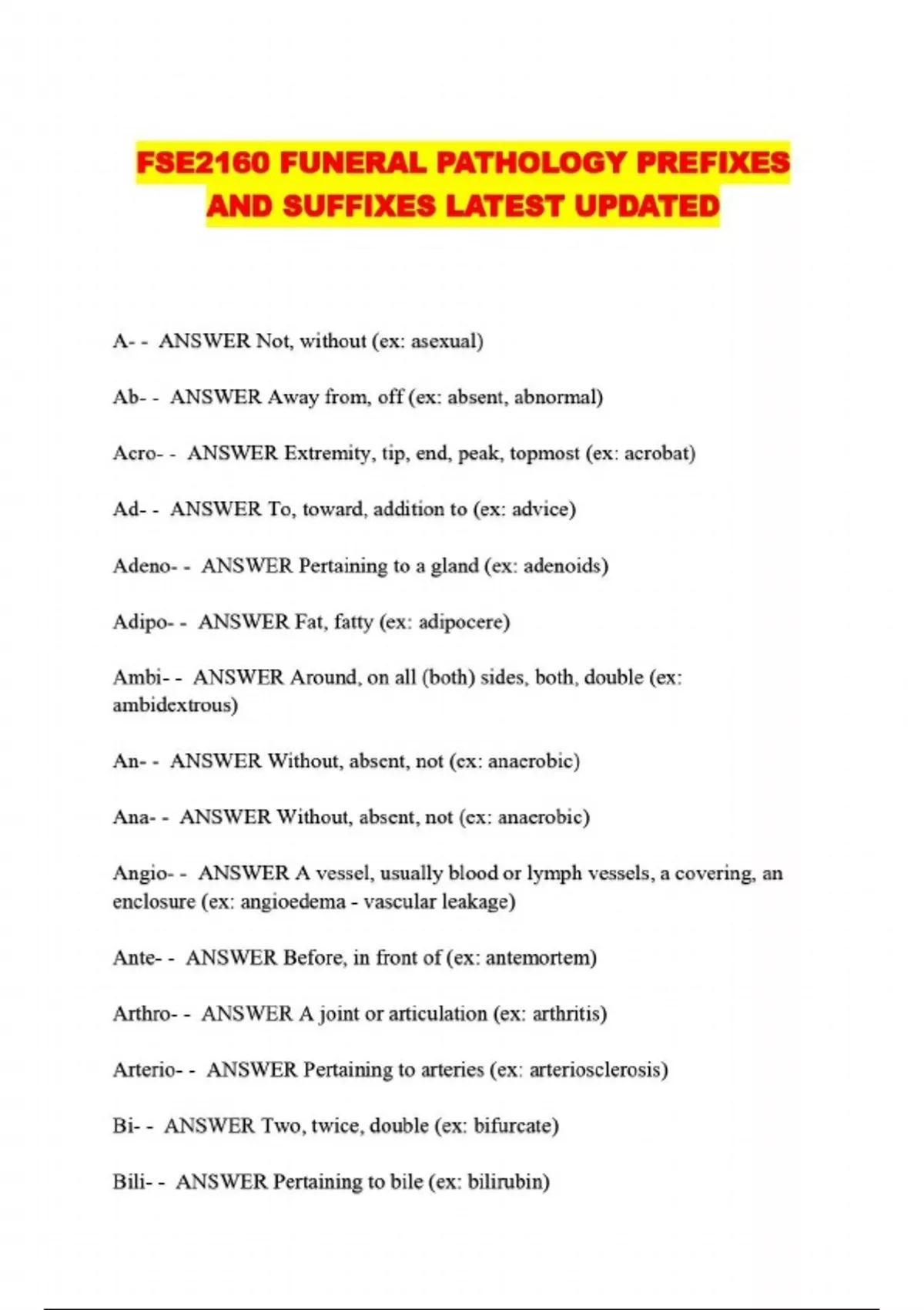 FSE2160 FUNERAL PATHOLOGY PREFIXES AND SUFFIXES LATEST UPDATED ...
