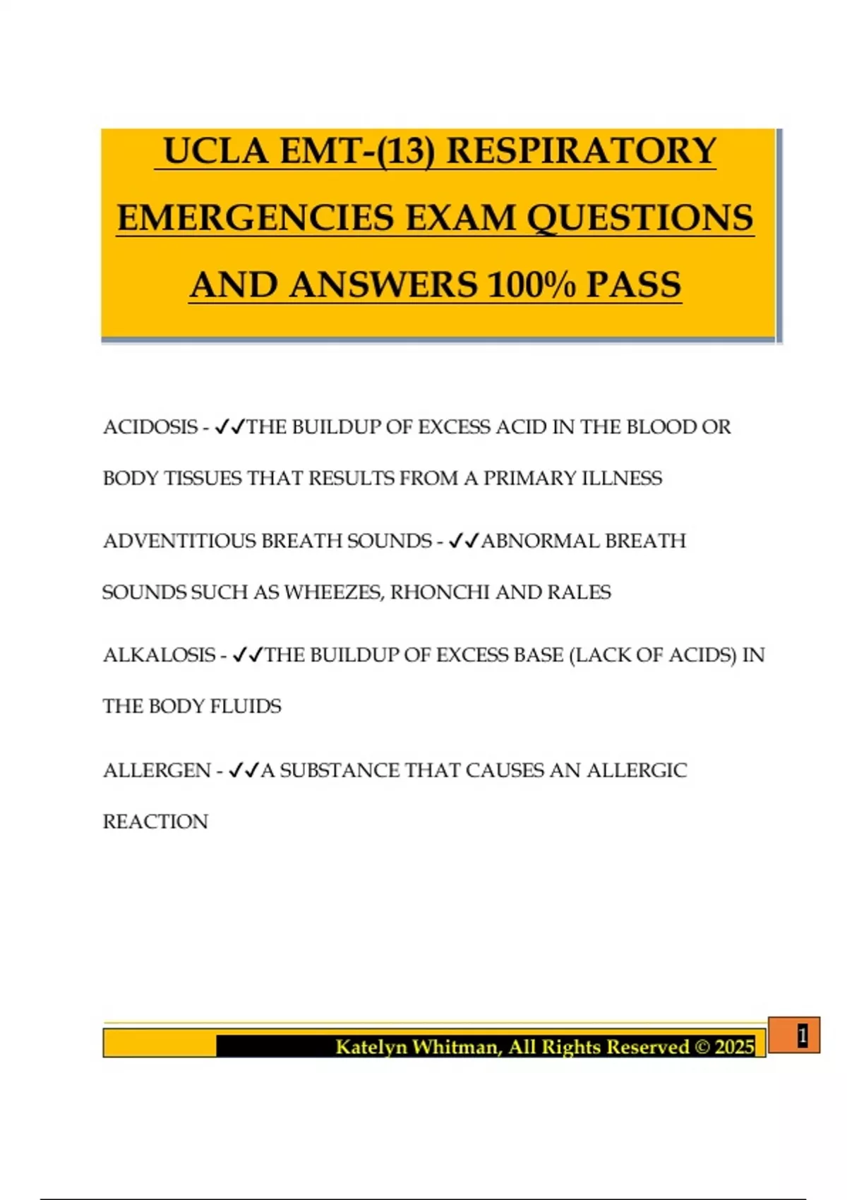 UCLA EMT-(13) RESPIRATORY EMERGENCIES EXAM QUESTIONS AND ANSWERS 100% ...
