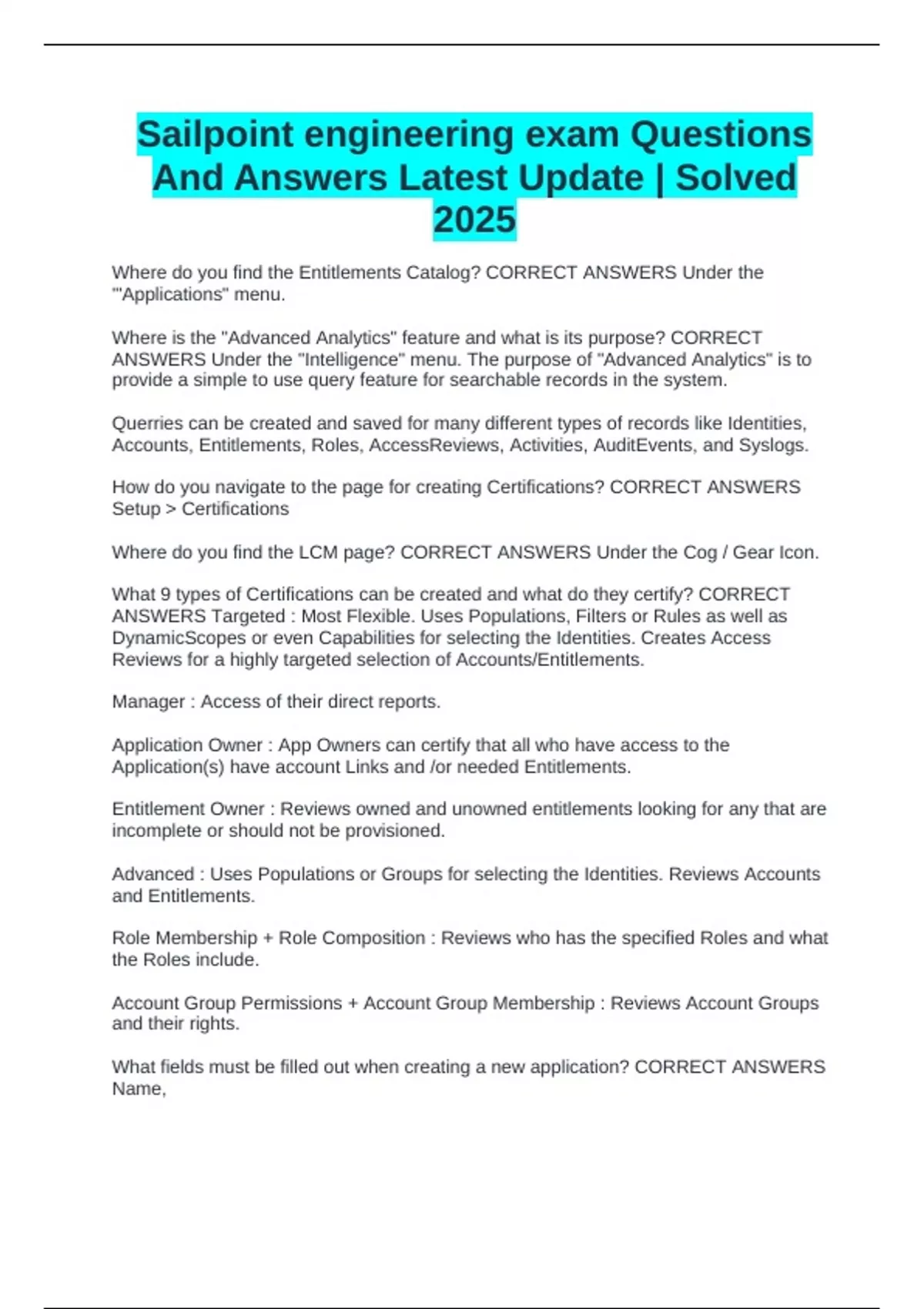 Sailpoint engineering exam Questions And Answers Latest Update | Solved ...