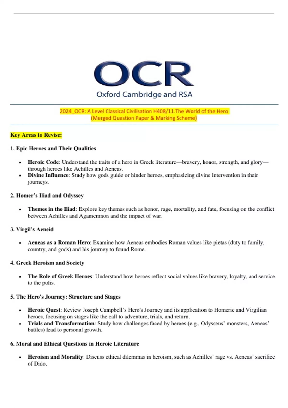 2024_OCR: A Level Classical Civilisation H408/11.The World of the Hero (Merged Question Paper ...