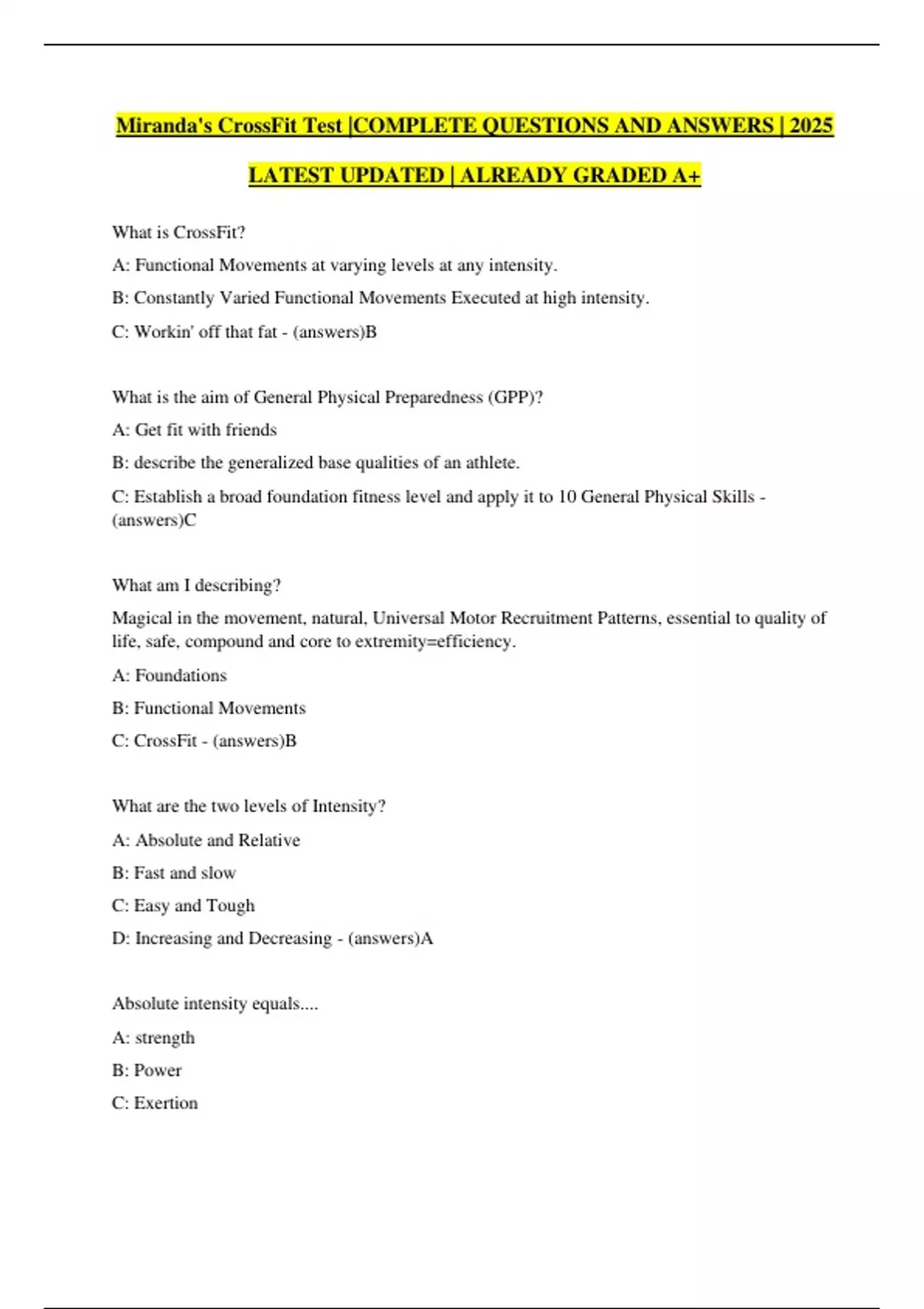 Miranda's CrossFit Test |COMPLETE QUESTIONS AND ANSWERS | 2025 LATEST ...