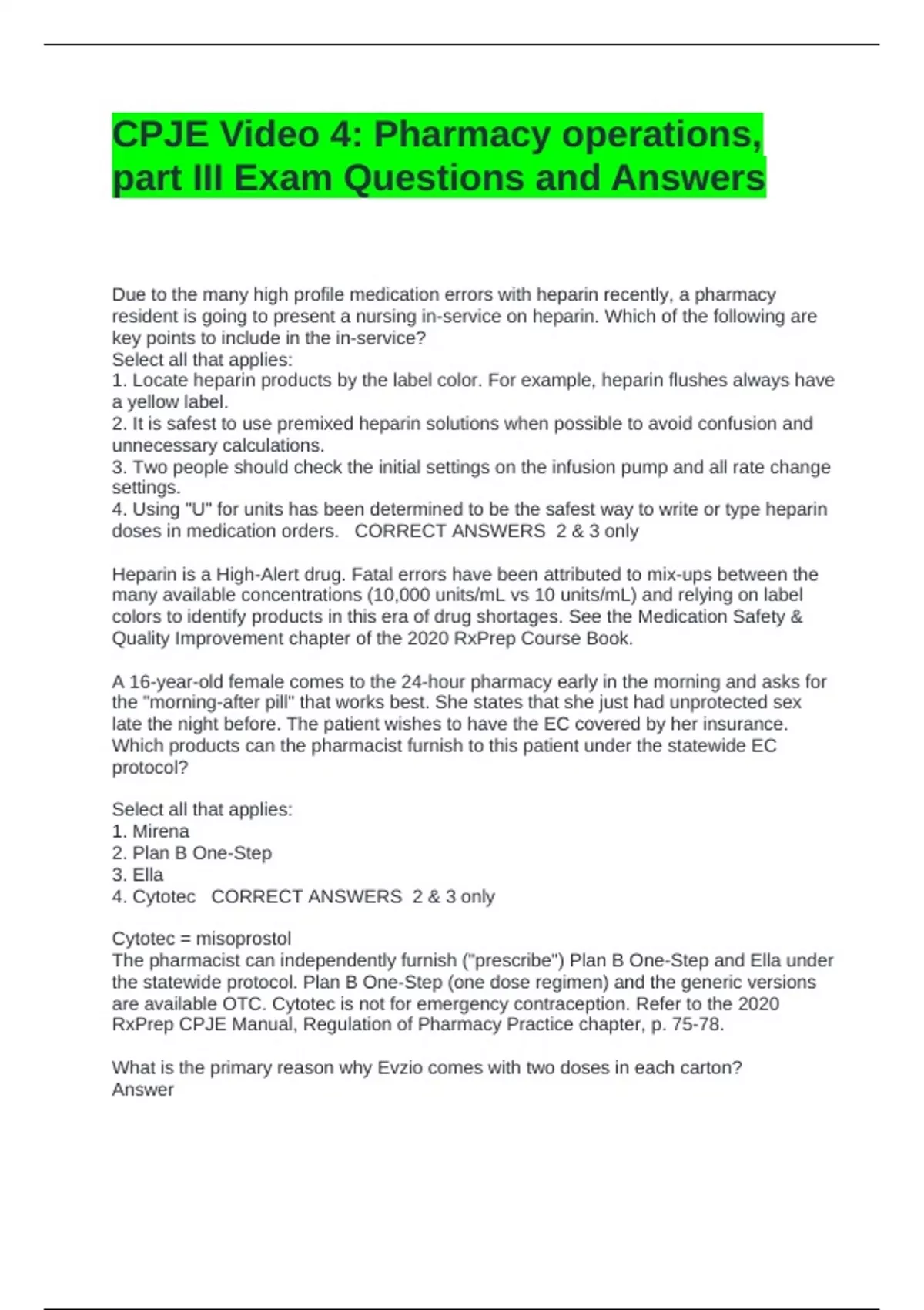 CPJE Video 4 Pharmacy operations, part III Exam Questions and Answers ...