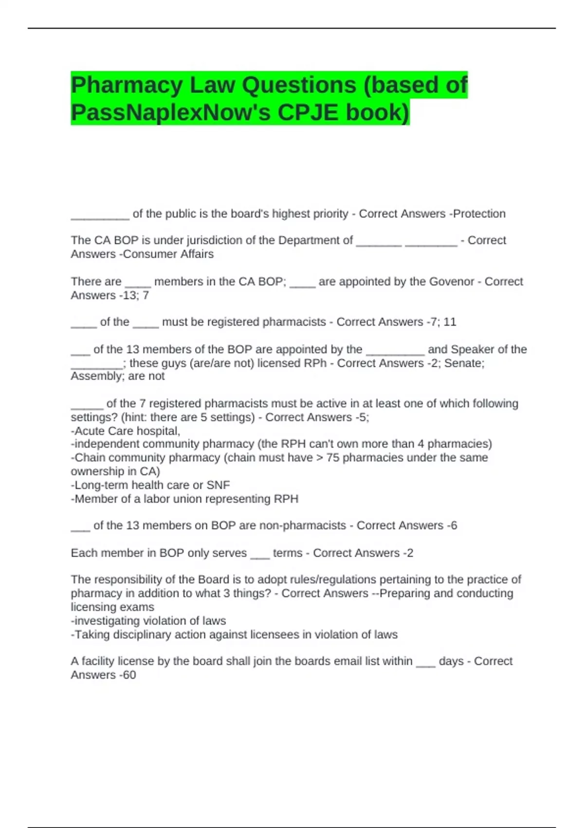 Pharmacy Law Questions (based of PassNaplexNow-s CPJE book) with ...