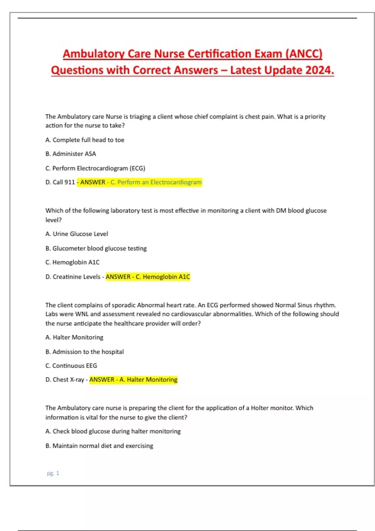 Ambulatory Care Nurse Certification Exam (ANCC) Questions with Correct ...