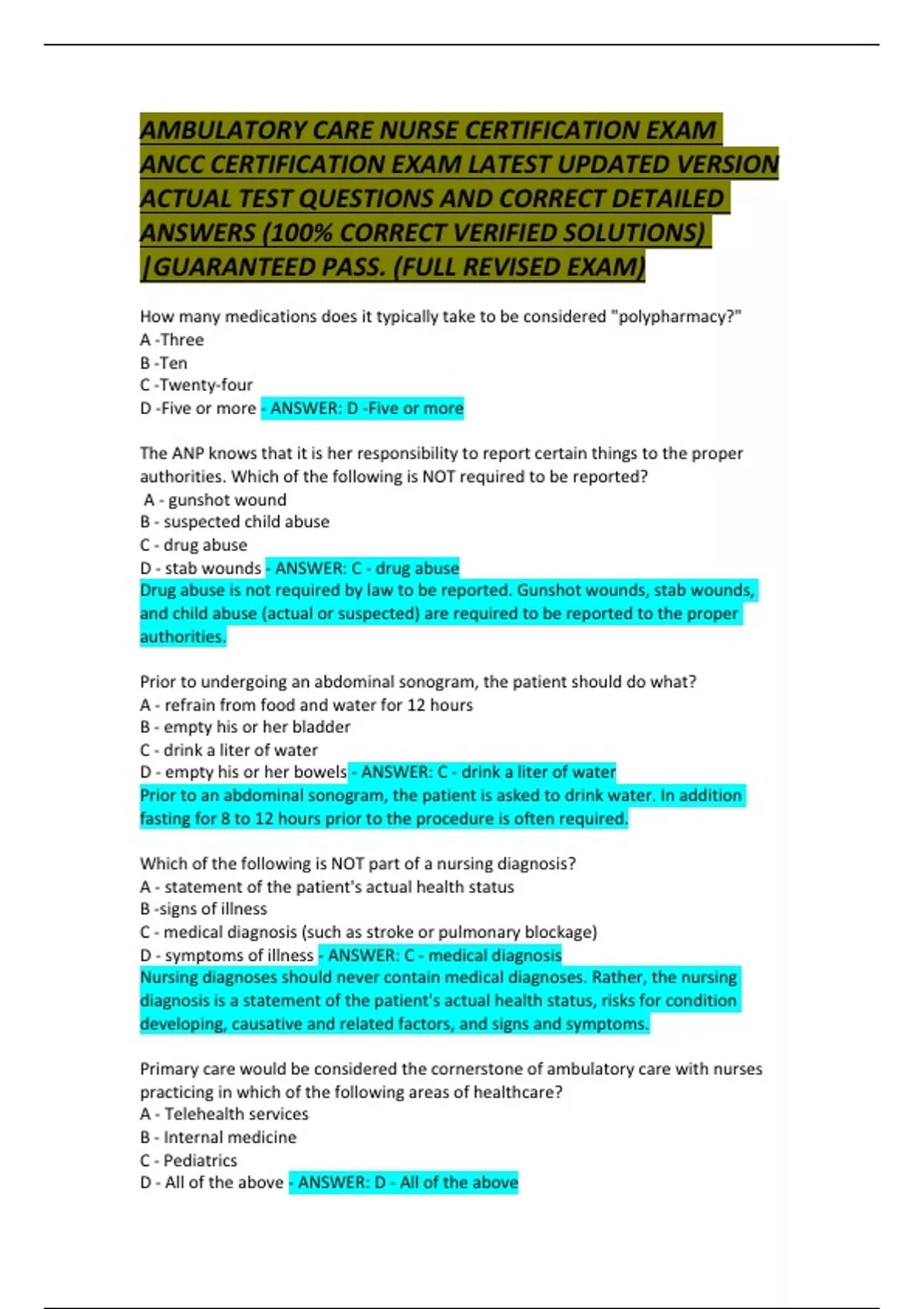 AMBULATORY CARE NURSE CERTIFICATION EXAM ANCC CERTIFICATION EXAM LATEST ...