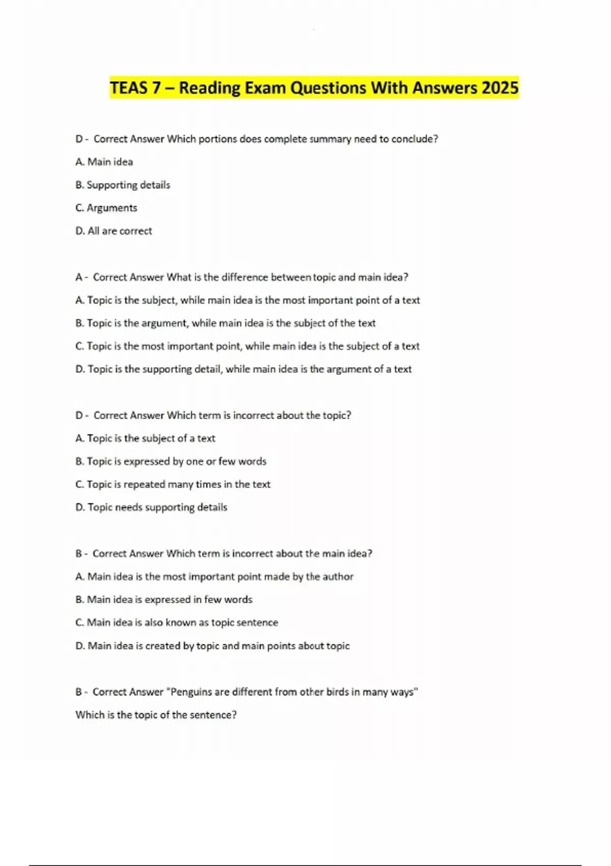 TEAS 7 – Reading Exam Questions With Answers 2025 - ATI TEAS 7 - Stuvia US