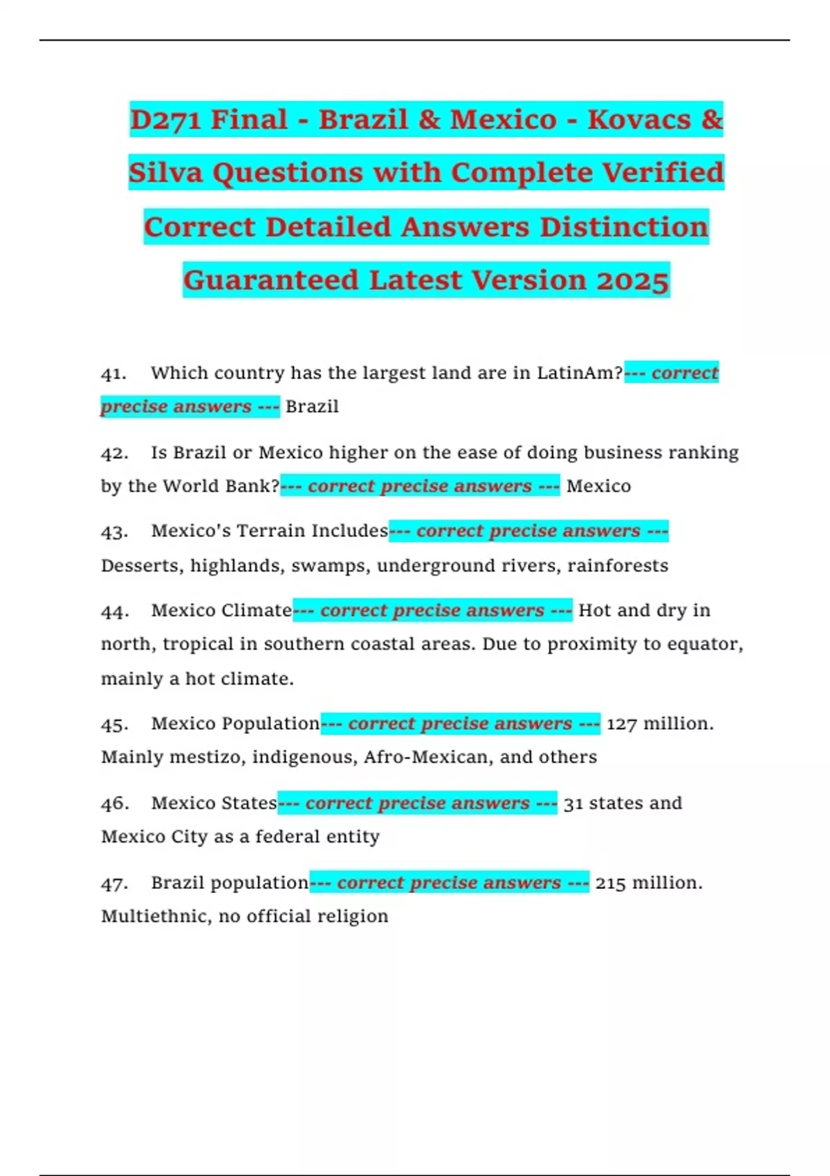 D271 Final - Brazil & Mexico - Kovacs & Silva Questions with Complete ...
