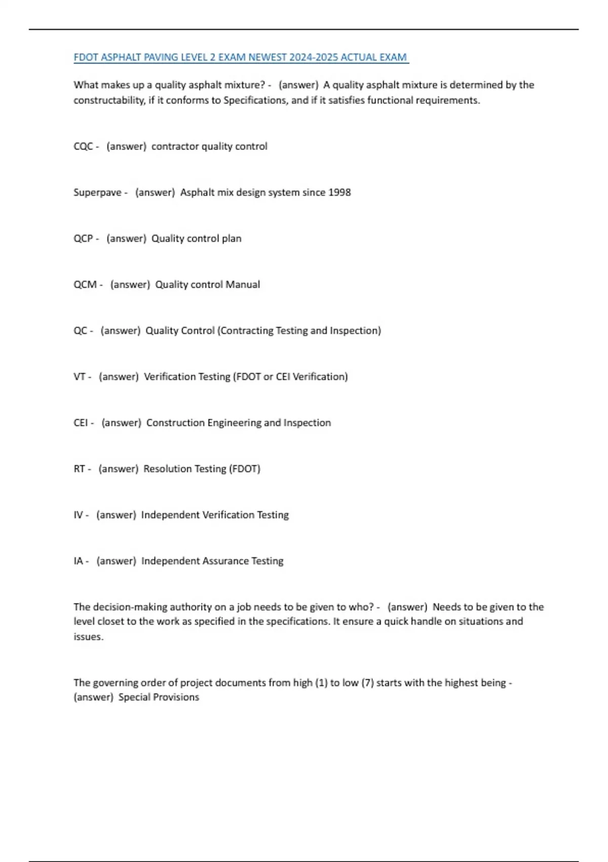 DOT ASPHALT PAVING LEVEL 1 AND LEVEL 2 PACKAGE DEAL EXAM NEWEST ACTUAL ...