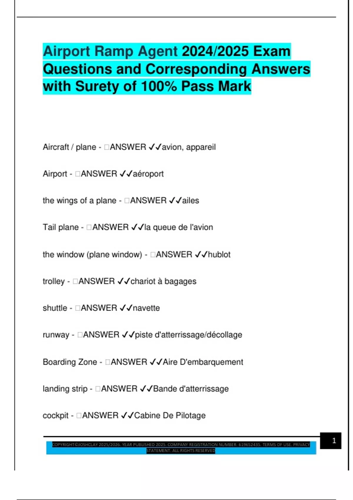 Airport Ramp Agent 2024/2025 Exam Questions and Corresponding Answers ...