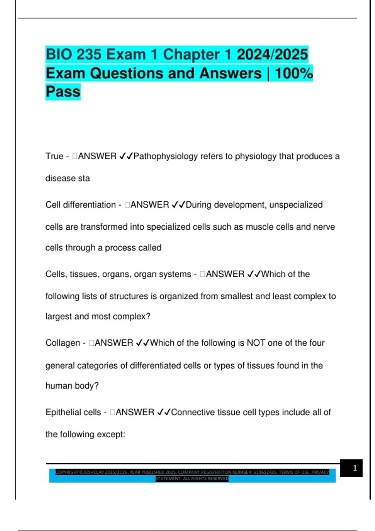 BIO 235 Exam 1 Chapter 1 2024/2025 Exam Questions and Answers | 100% ...