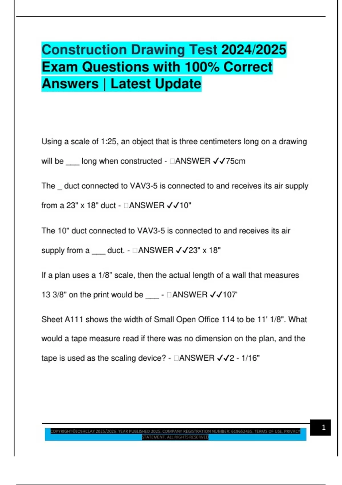 Construction Drawing Test 2024/2025 Exam Questions with 100% Correct ...