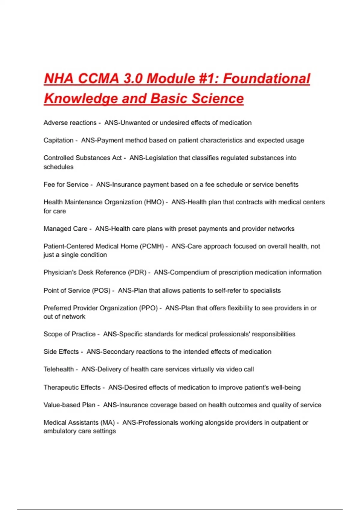 NHA CCMA 3.0 Module #1: Foundational Knowledge and Basic Science Exam Questions with correct ...