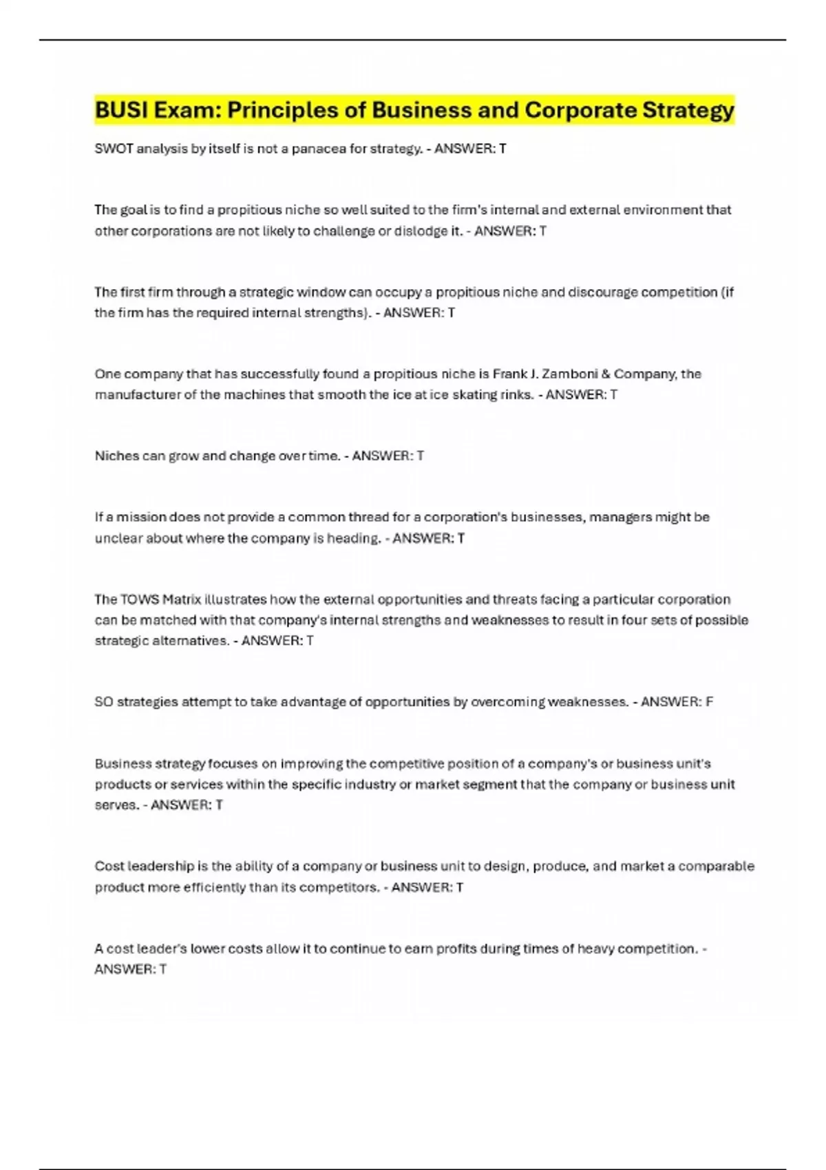 BUSI Exam; Principles of Business and Corporate Strategy - BUSI ...