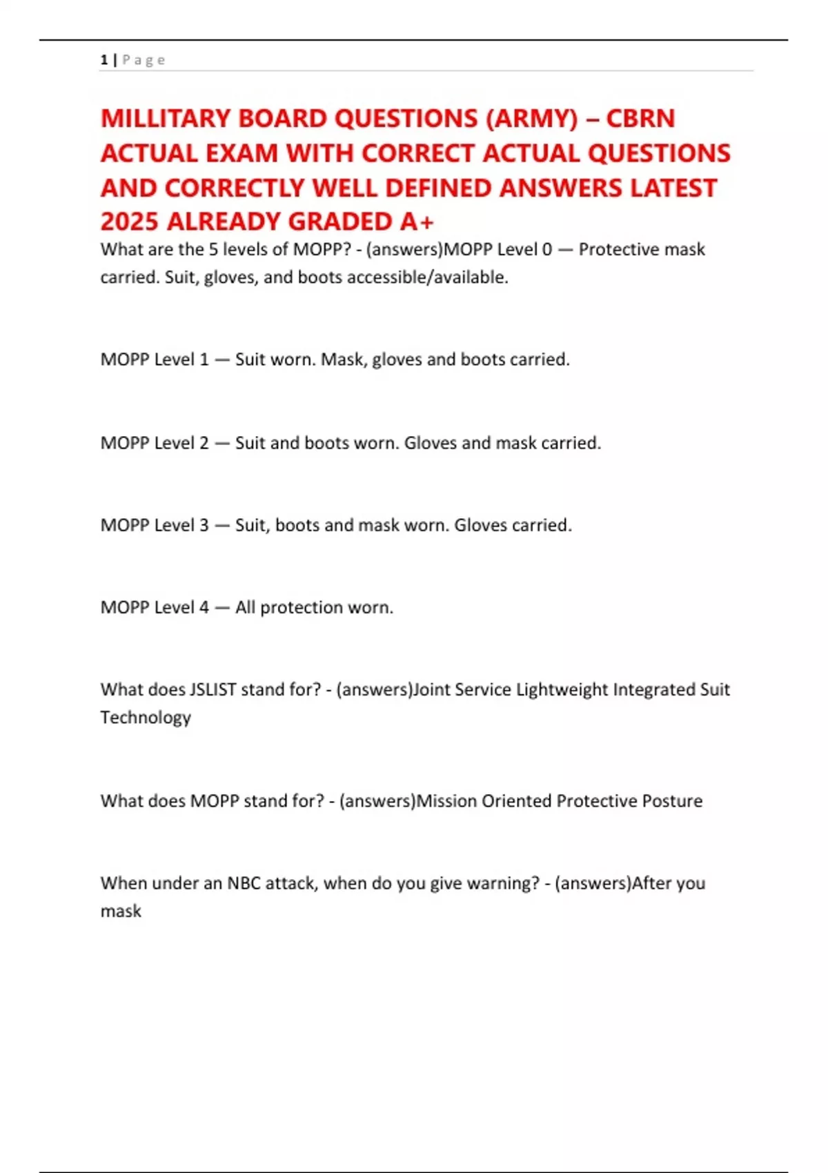 MILLITARY BOARD QUESTIONS (ARMY) – CBRN ACTUAL EXAM WITH CORRECT ACTUAL ...