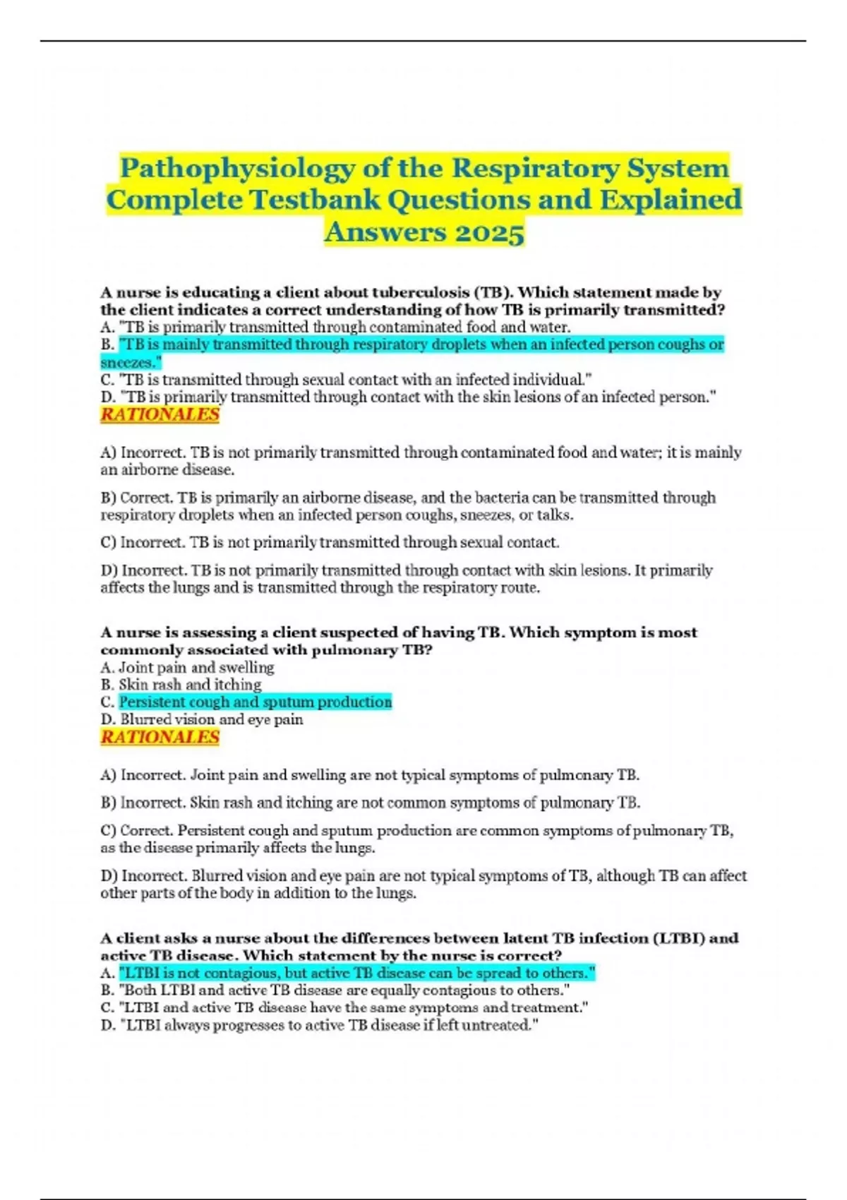 Pathophysiology of the Respiratory System Complete Testbank Questions ...